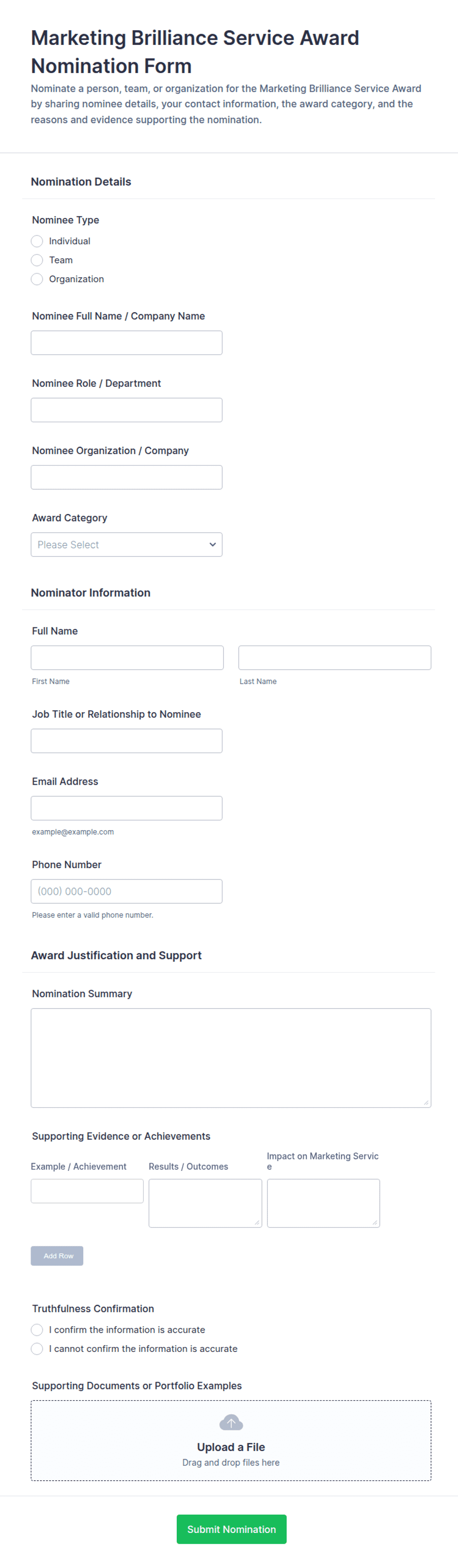 Marketing Brilliance Service Award Nomination Form Template | Jotform