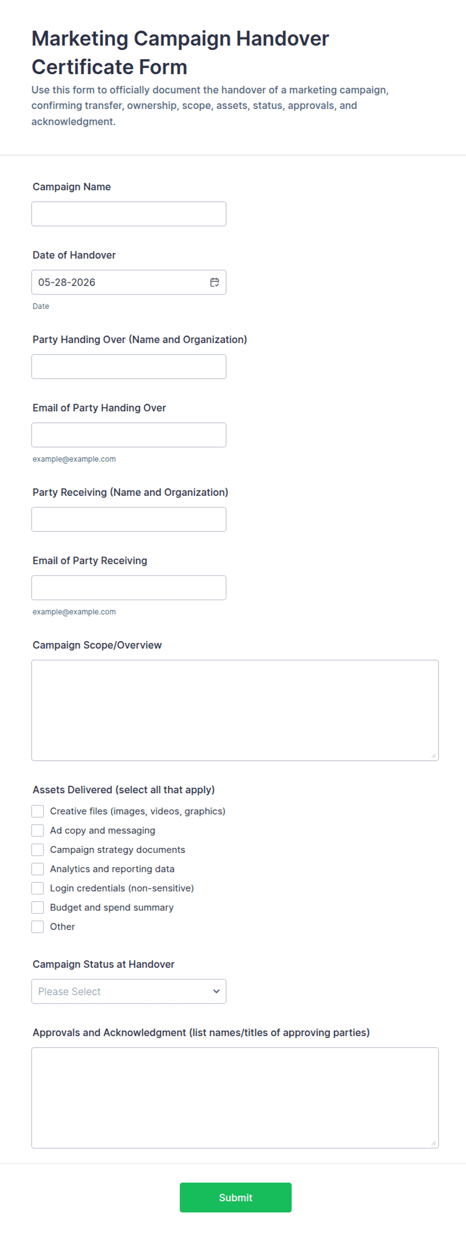 Marketing Campaign Handover Certificate Form Template | Jotform