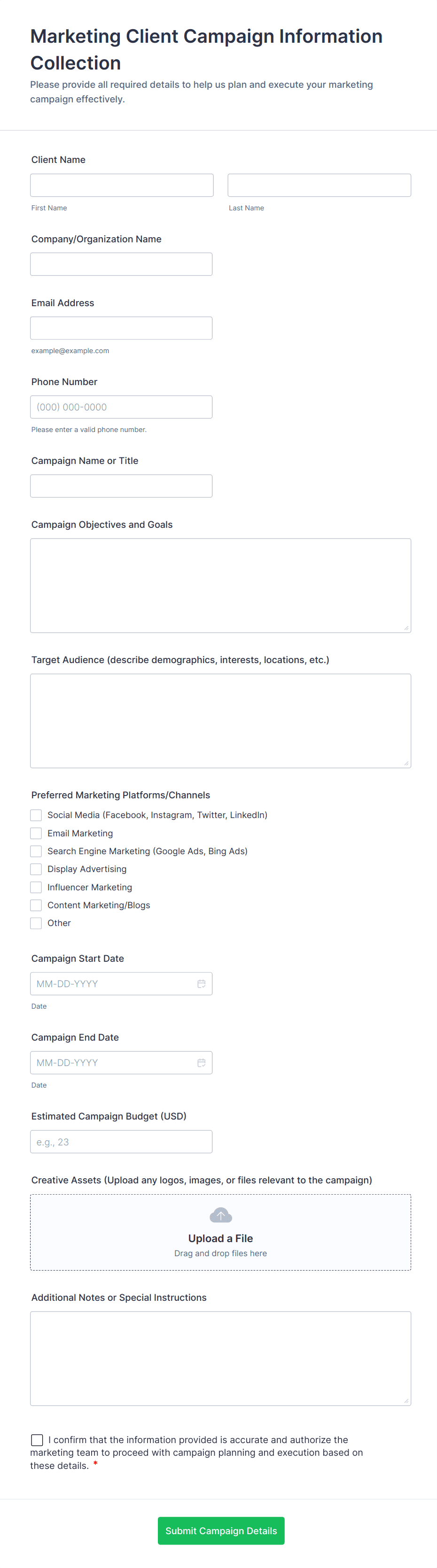 Marketing Client Campaign Information Collection Form Template | Jotform