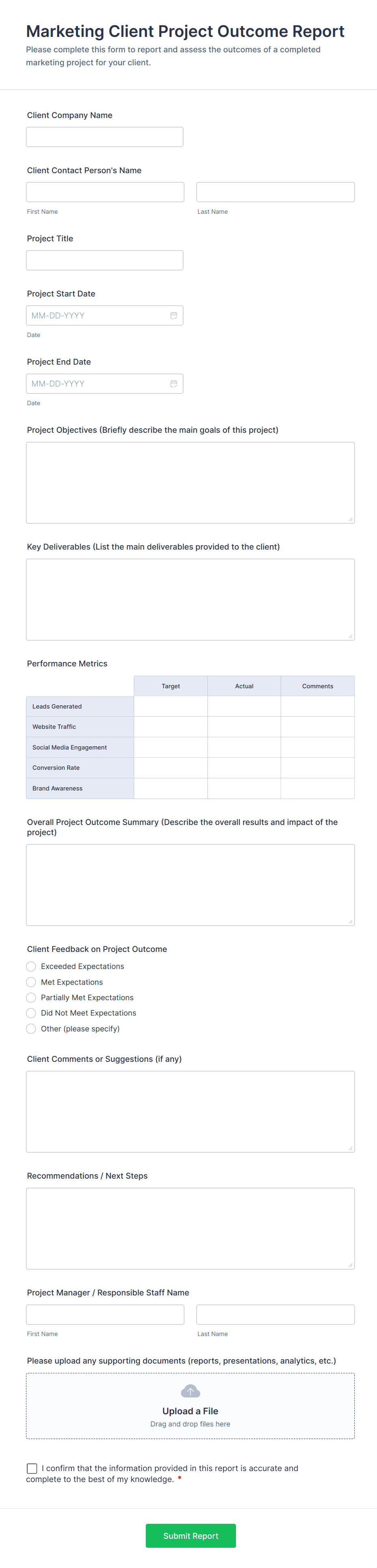 Marketing Client Project Outcome Report Form Template | Jotform