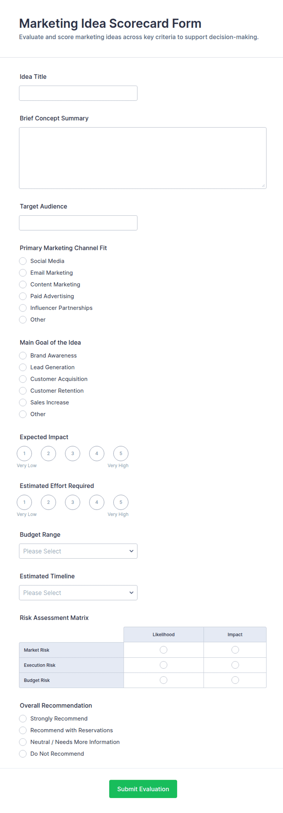 Marketing Idea Scorecard Form Template | Jotform