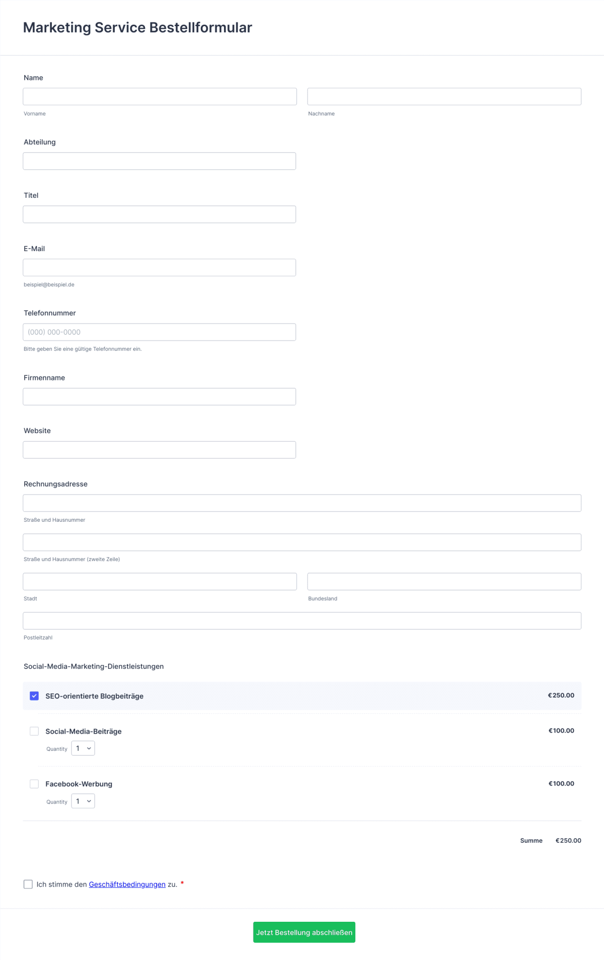 Marketing Service Bestellformular Formularvorlage | Jotform