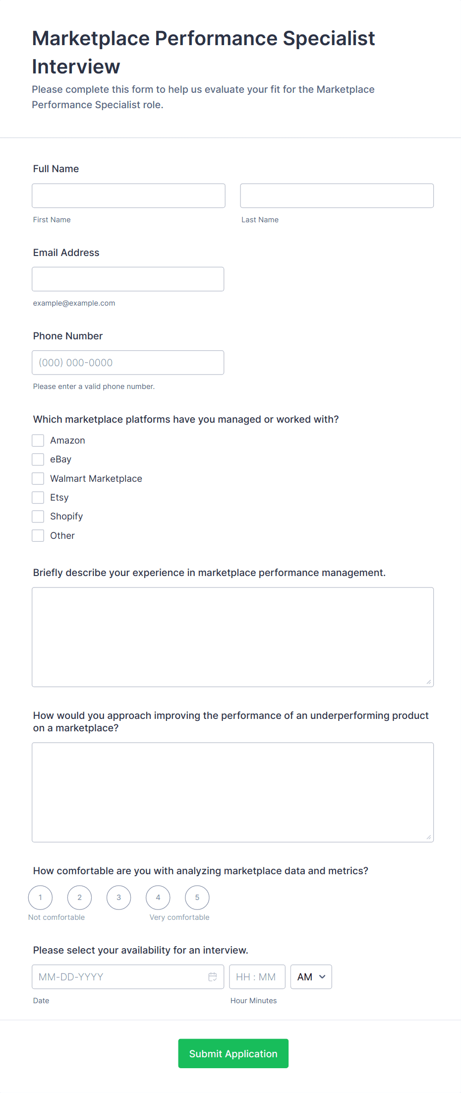 Marketplace Performance Specialist Interview Form Template | Jotform