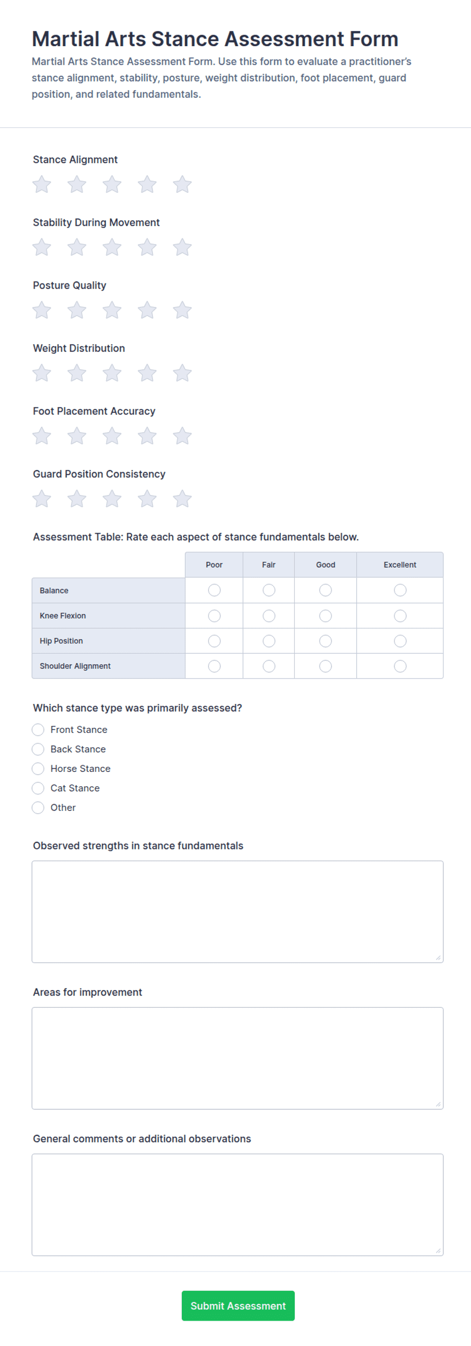 Martial Arts Stance Assessment Form Template | Jotform