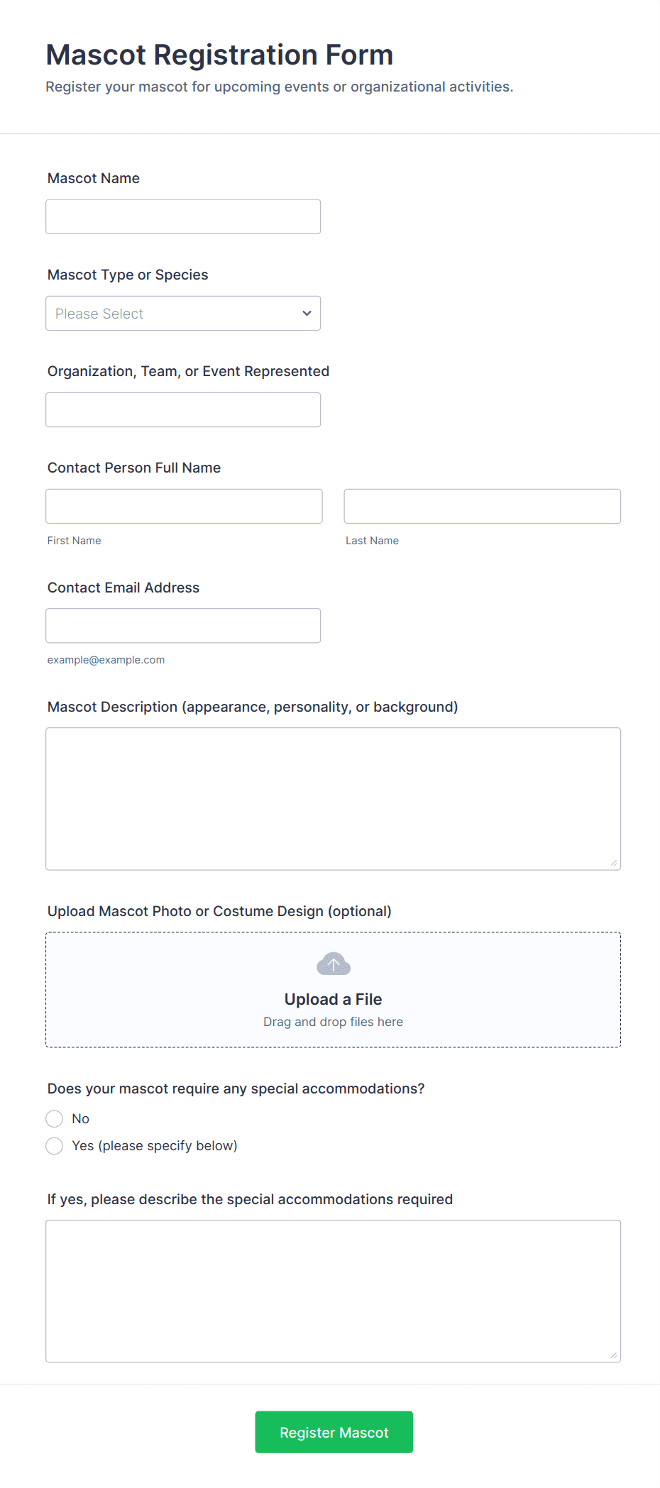 Mascot Registration Form Template | Jotform