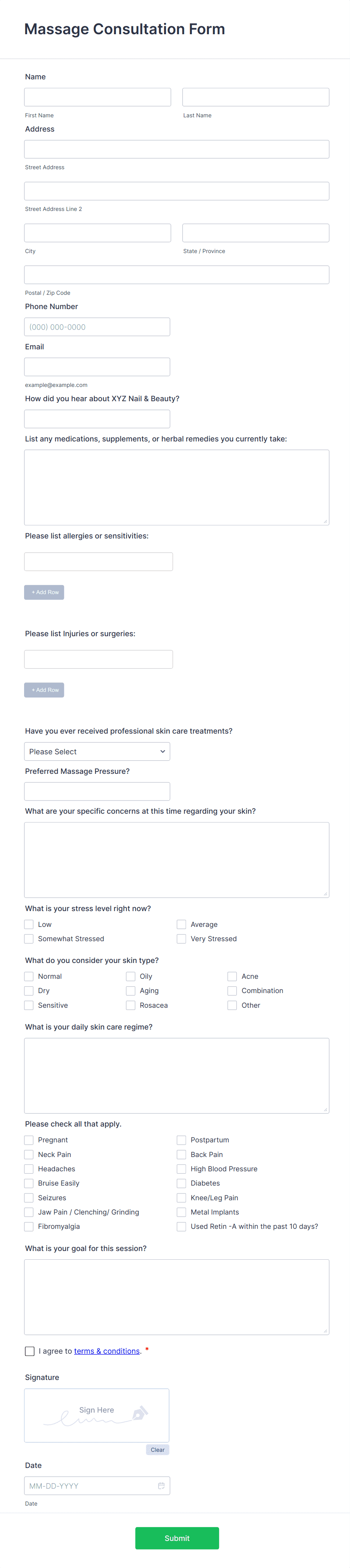 Massage Consultation Form Template | Jotform