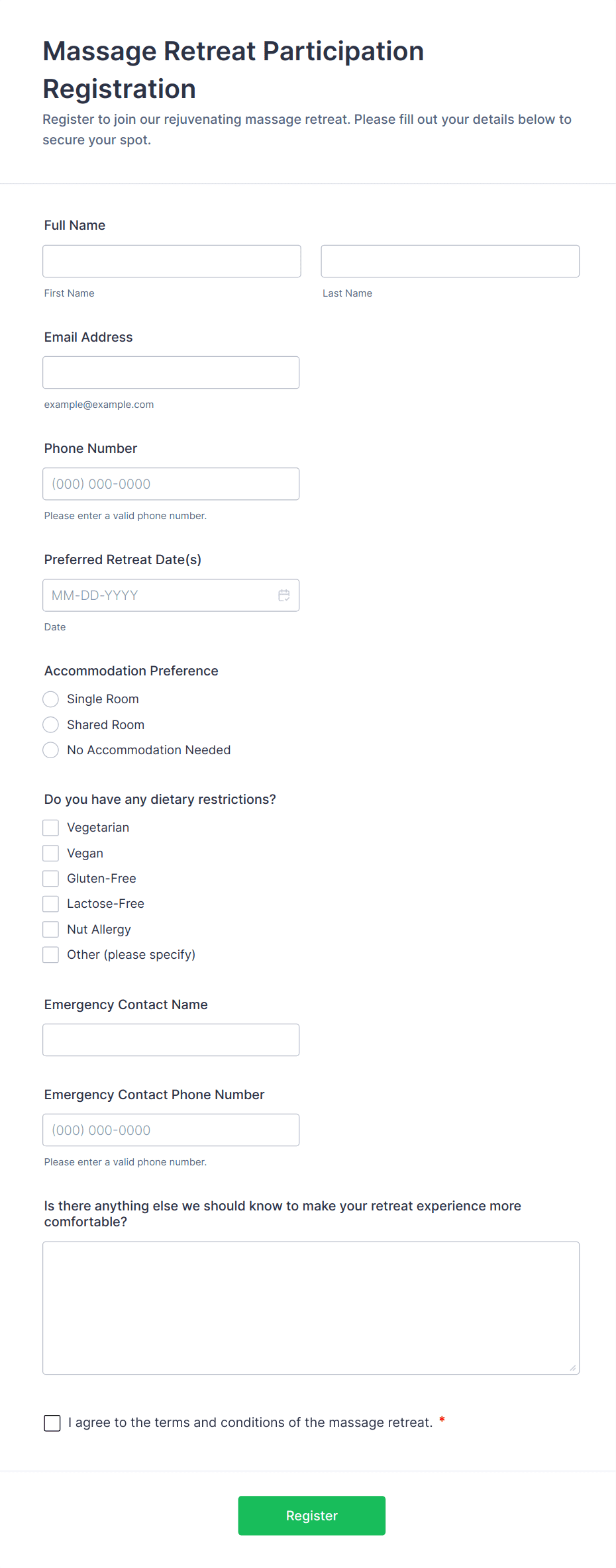 Massage Retreat Participation Registration Form Template | Jotform