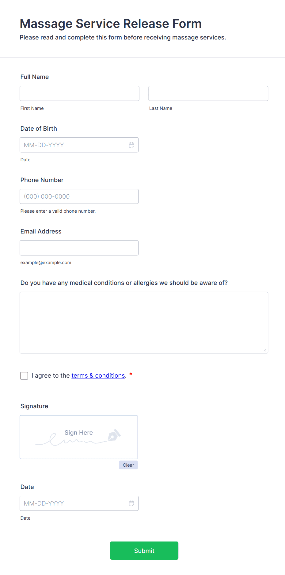 Massage Service Release Form Template | Jotform