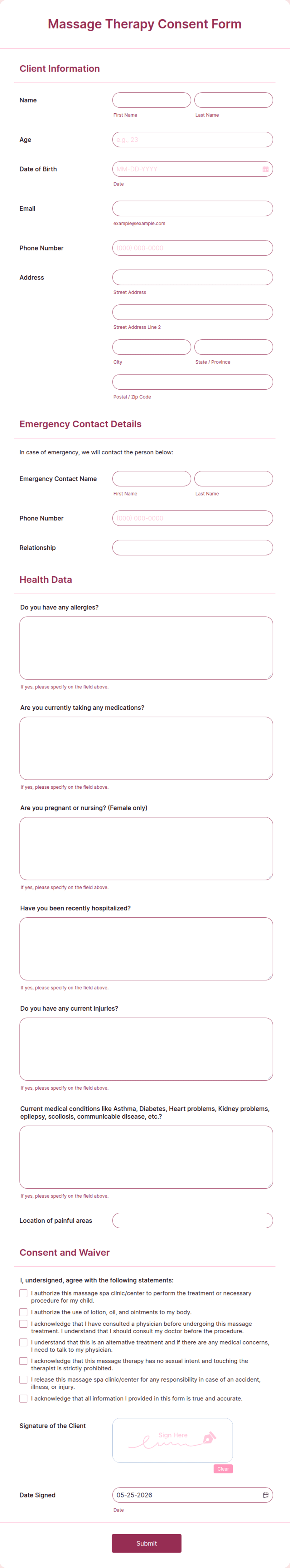 Massage Therapy Consent Form Template | Jotform