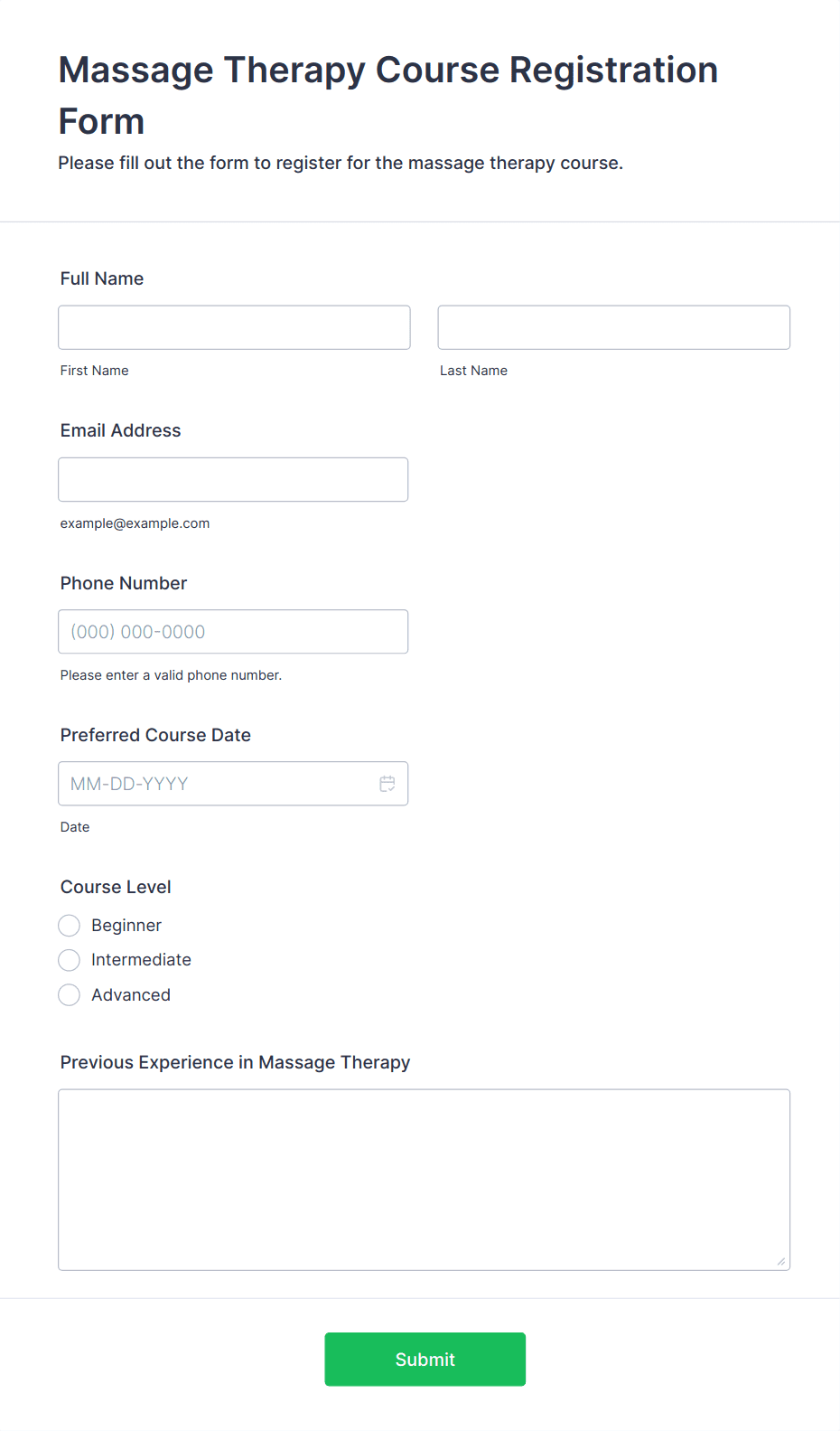 Massage Therapy Course Registration Form Template | Jotform