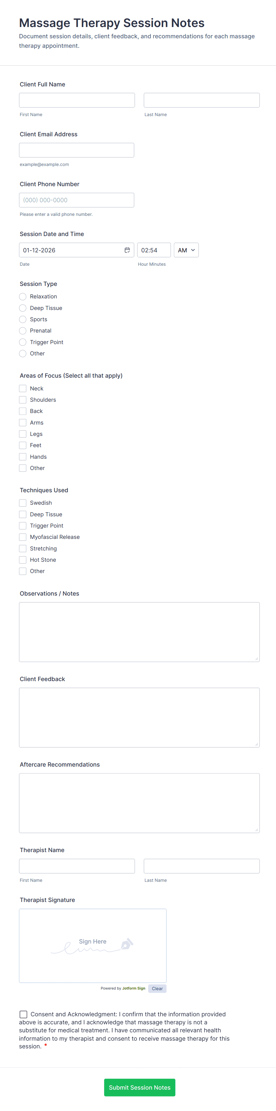 Massage Therapy Session Notes Form Template | Jotform