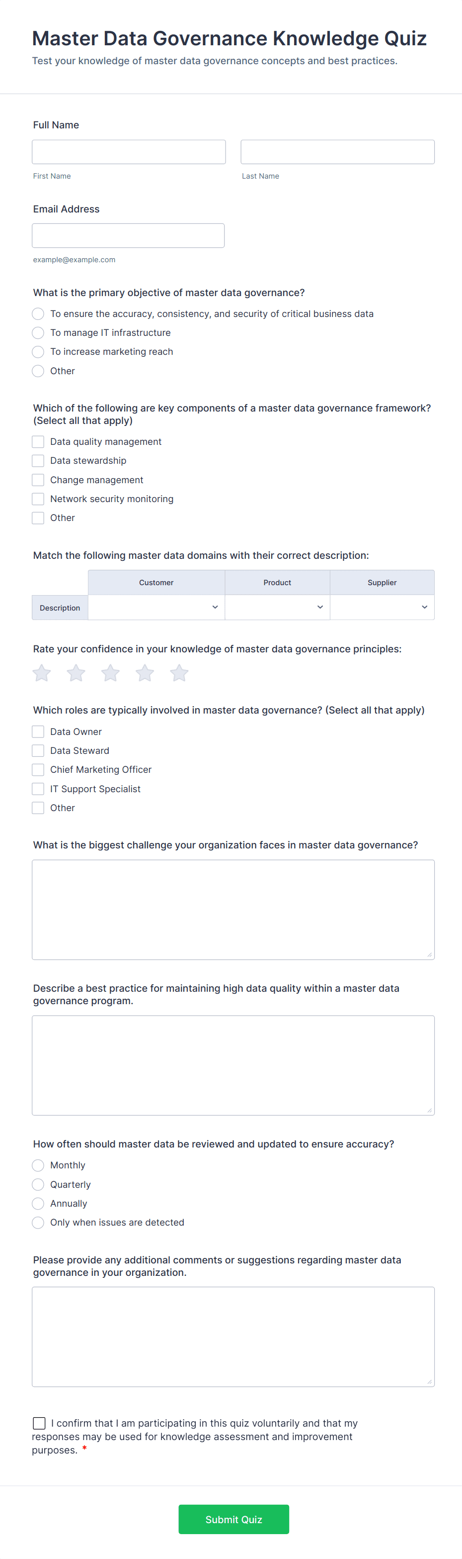 Master Data Governance Knowledge Quiz Form Template | Jotform