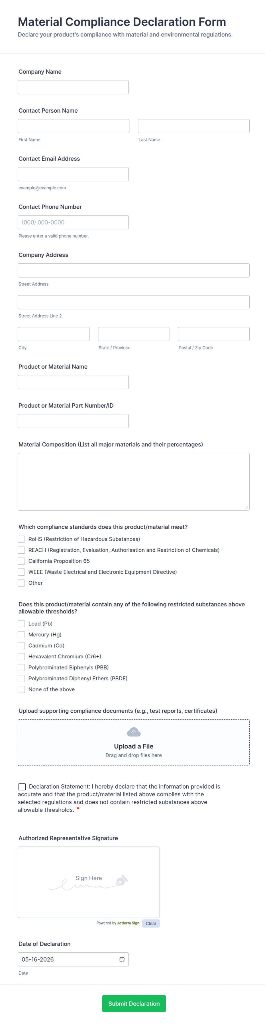 Material Compliance Declaration Form Template | Jotform