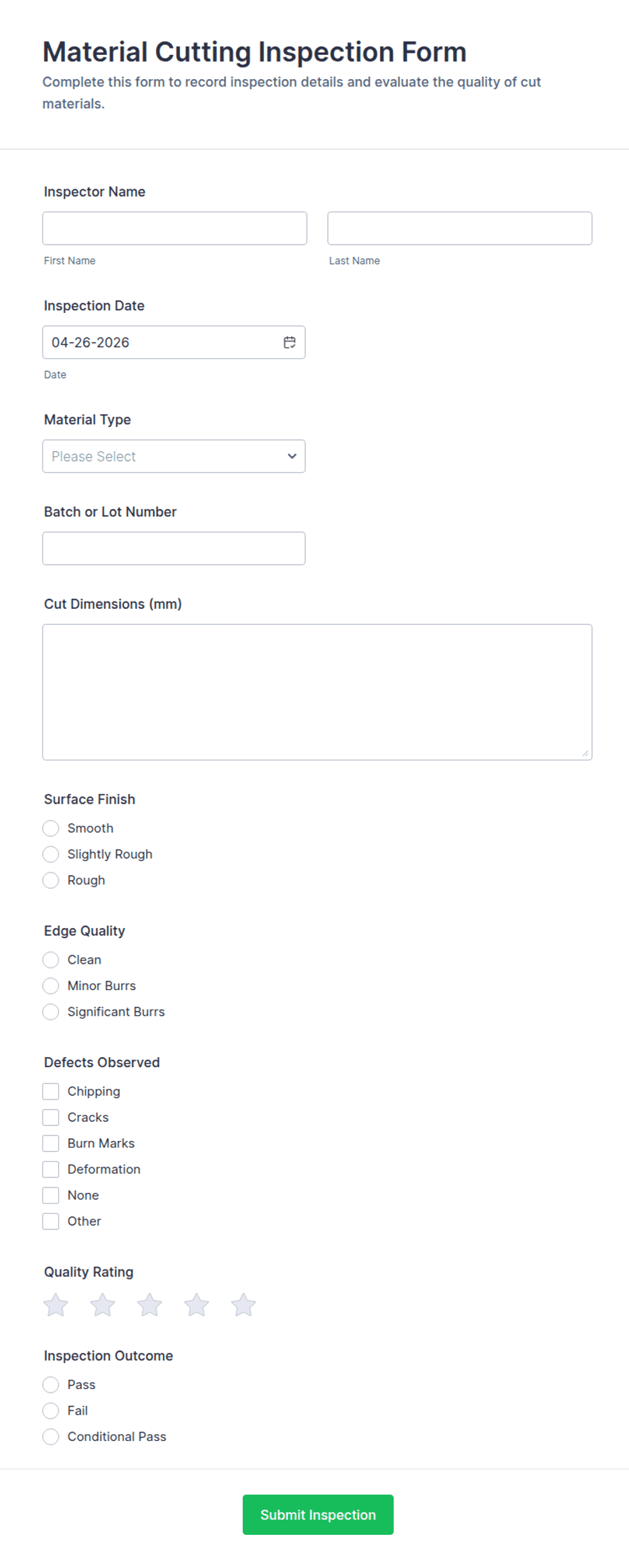 Material Cutting Inspection Form Template | Jotform