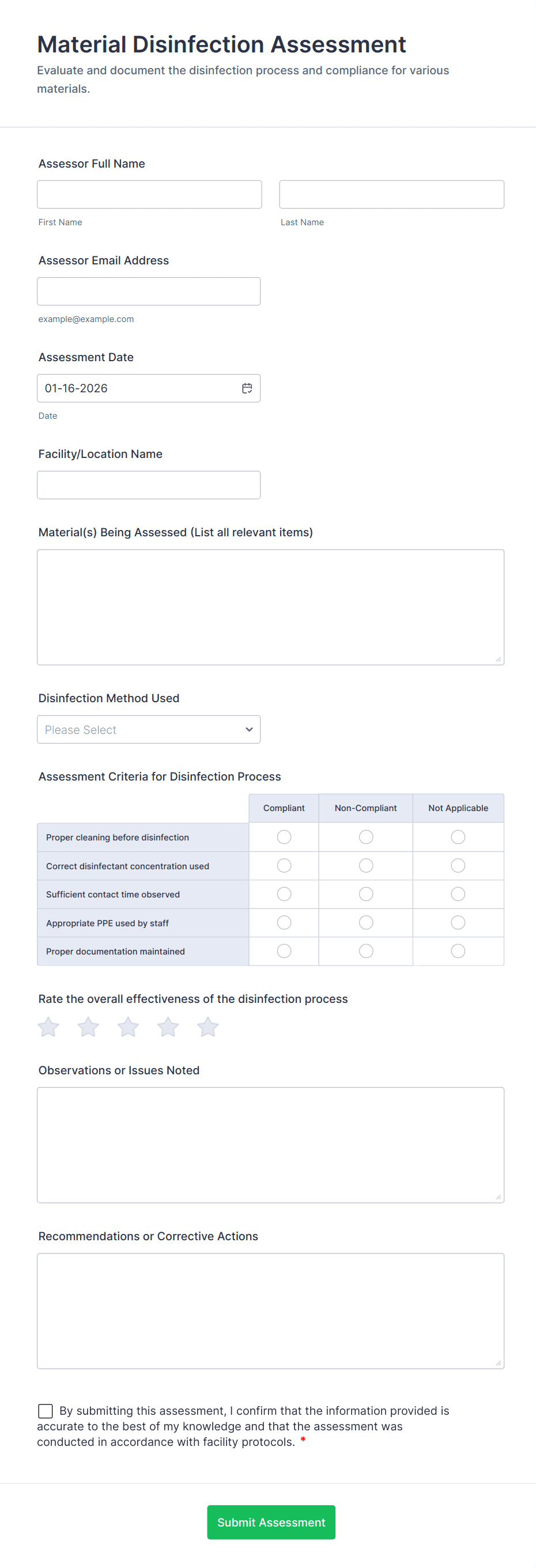 Material Disinfection Assessment Form Template | Jotform