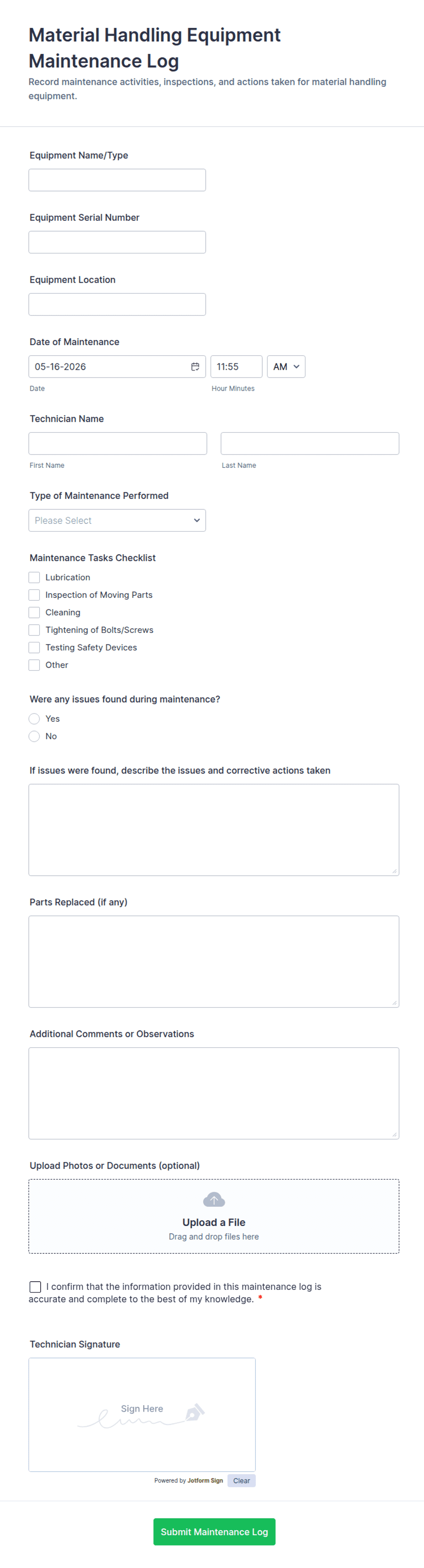 Material Handling Equipment Maintenance Log Form Template | Jotform