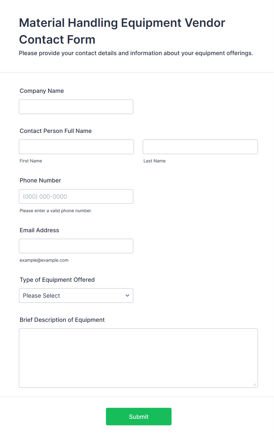 Material Handling Equipment Vendor Contact Form Template | Jotform