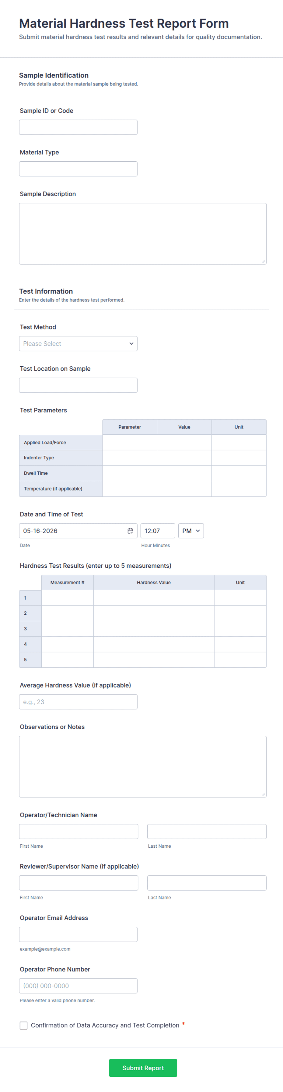 Material Hardness Test Report Form Template | Jotform