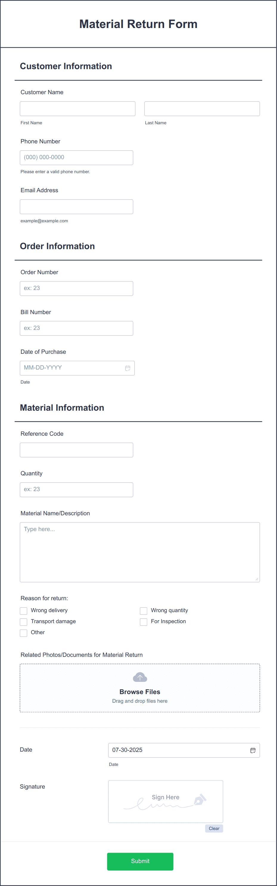 Material Return Form Template | Jotform