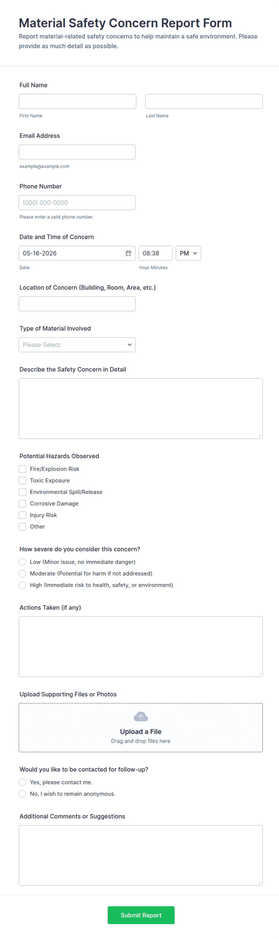 Material Safety Concern Report Form Template | Jotform