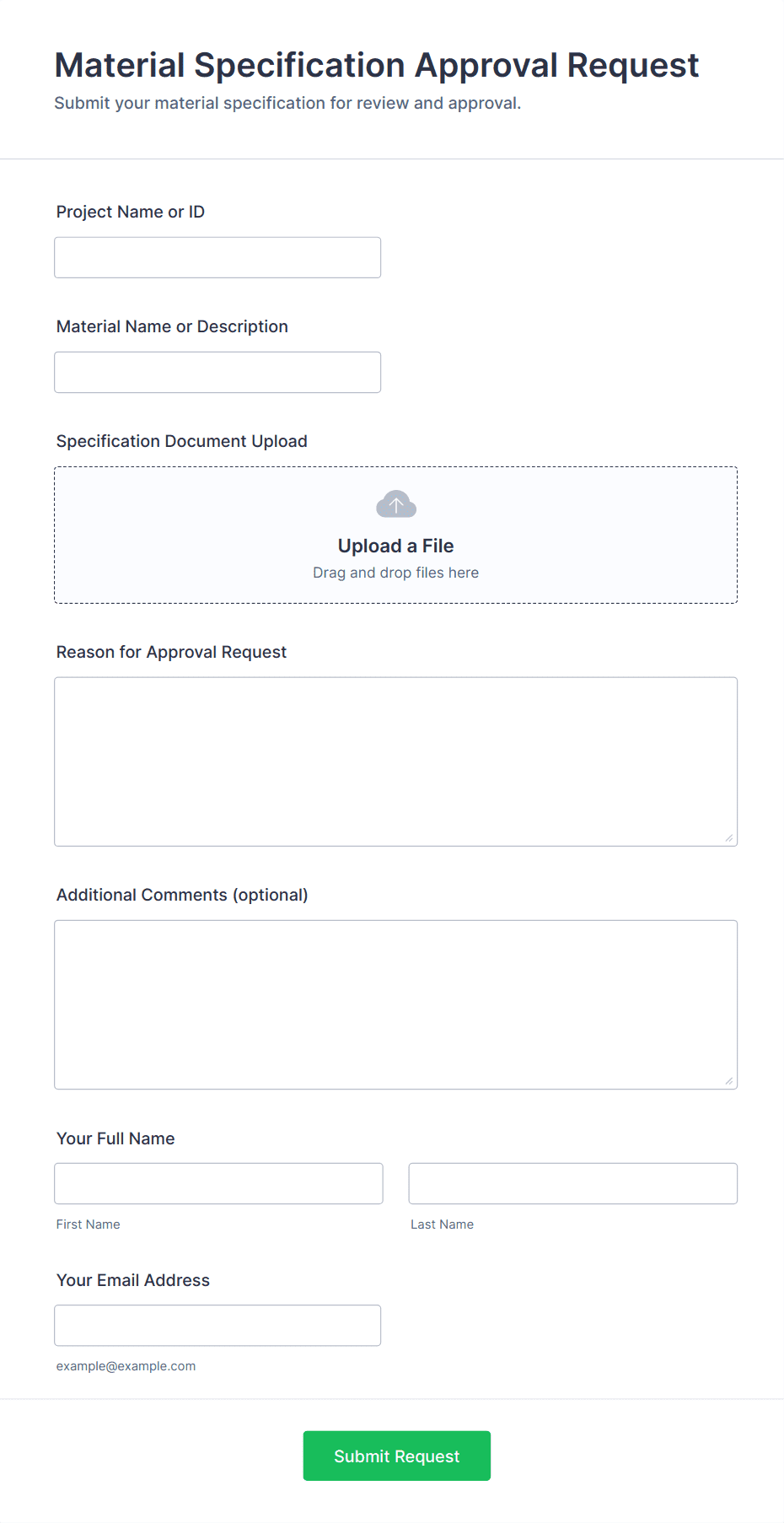 Material Specification Approval Request Form Template | Jotform
