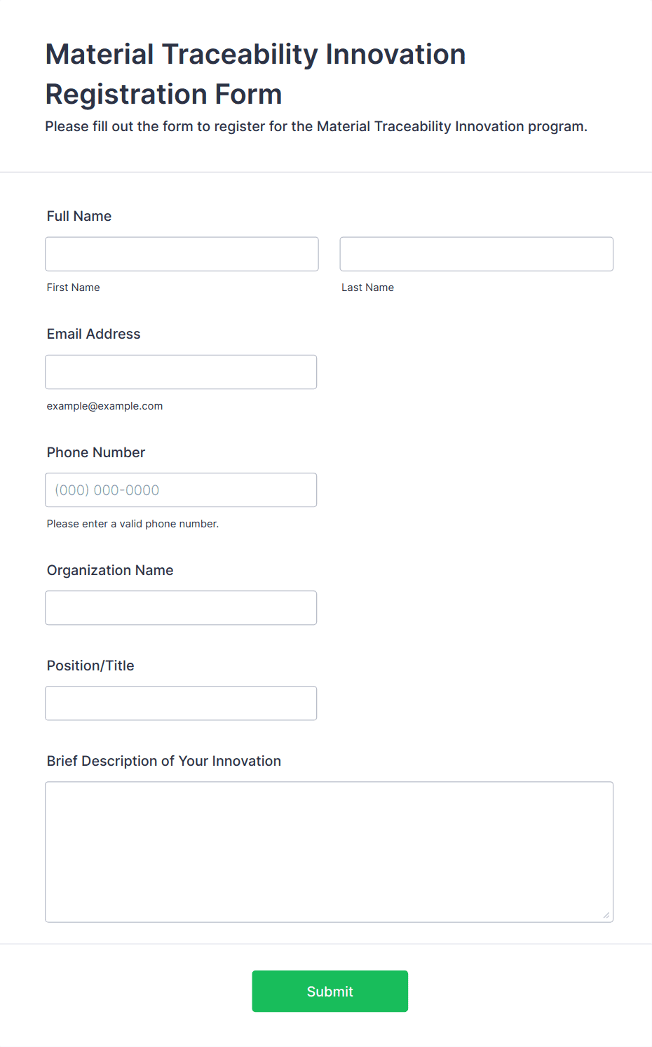 Material Traceability Innovation Registration Form Template | Jotform