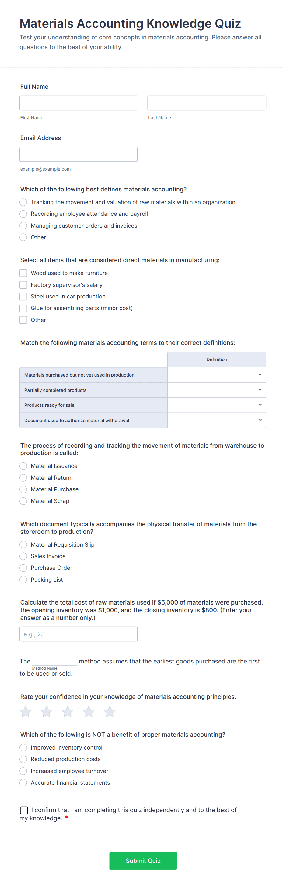 Materials Accounting Knowledge Quiz Form Template | Jotform
