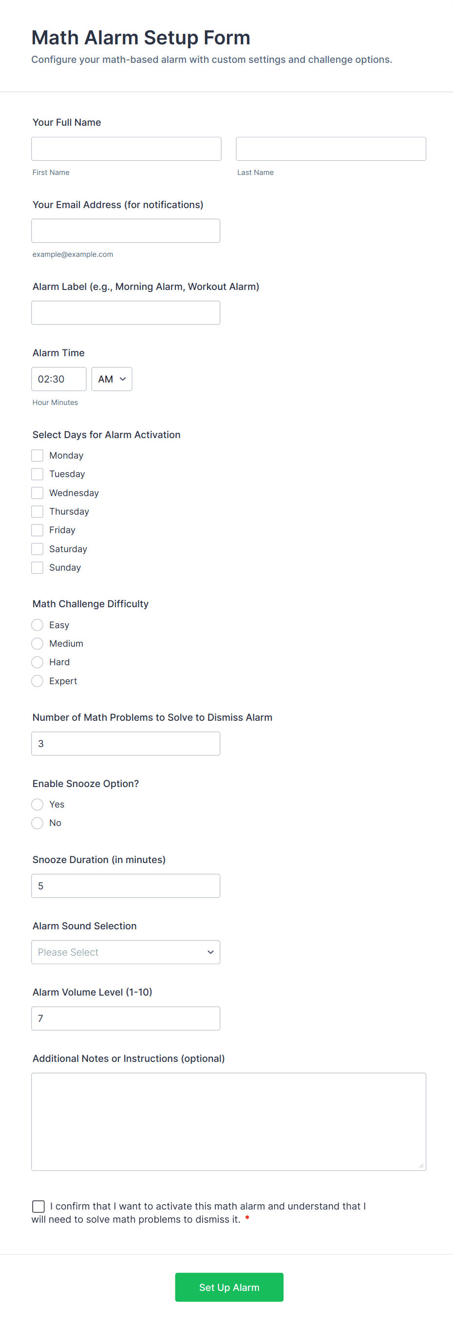 Math Alarm Setup Form Template | Jotform