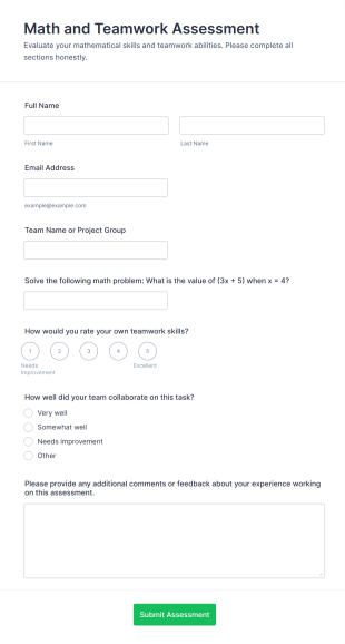 Math and Teamwork Assessment Form Template | Jotform