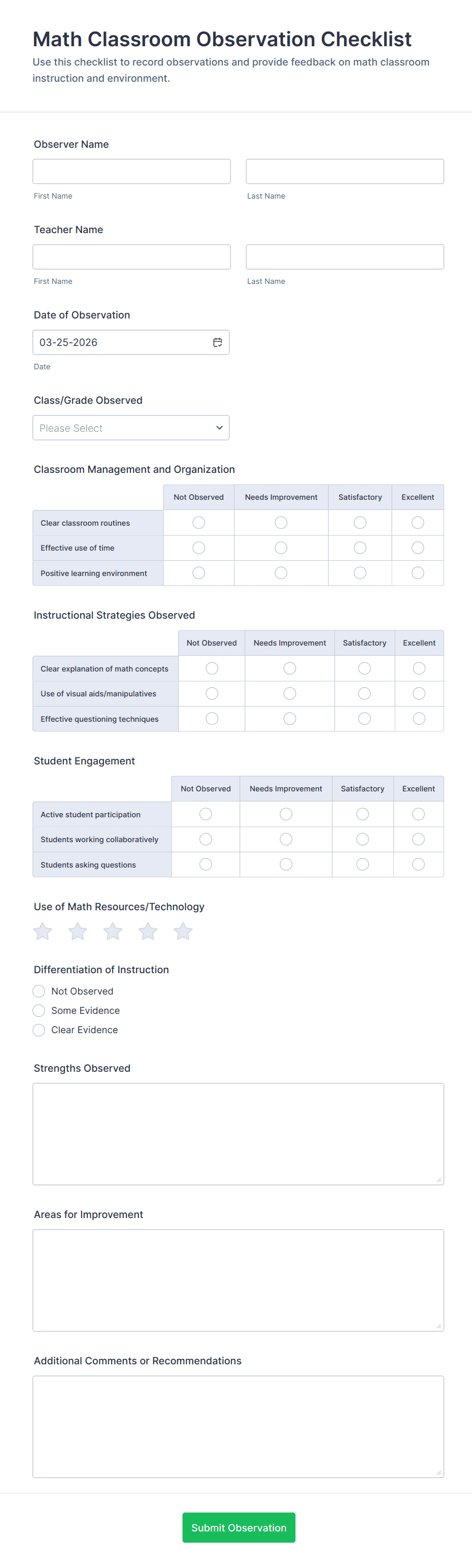 Math Classroom Observation Checklist Form Template | Jotform