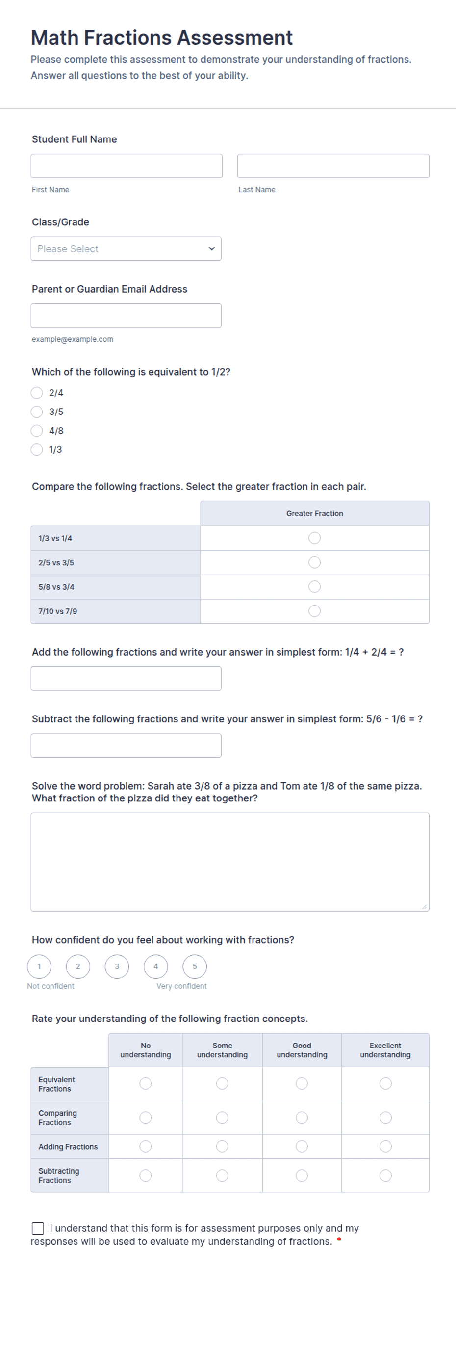 Math Fractions Assessment Form Template | Jotform