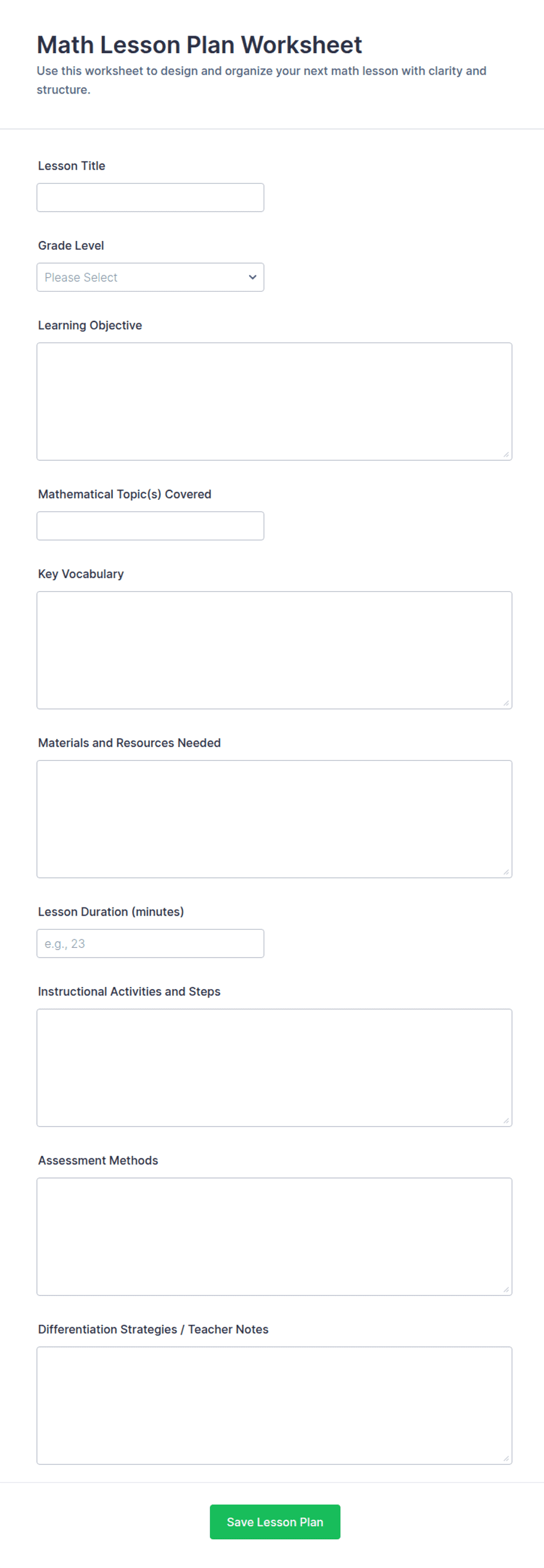 Math Lesson Plan Worksheet Form Template | Jotform