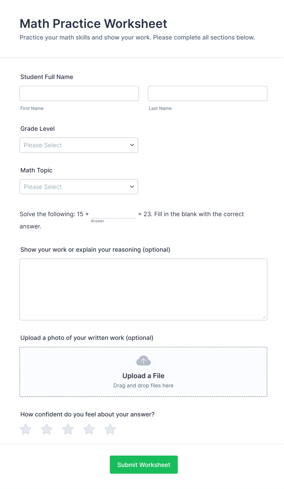 Math Practice Worksheet Form Template | Jotform