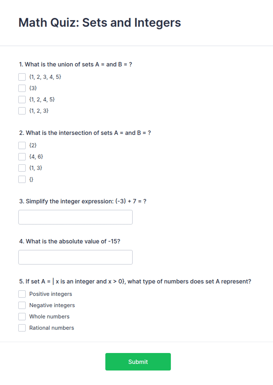 Math Quiz on Sets and Integers Form Template | Jotform