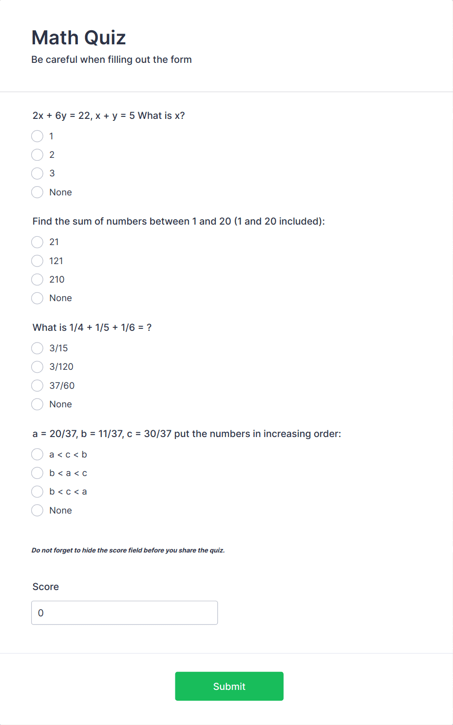 Mini Math Quiz Form Template | Jotform