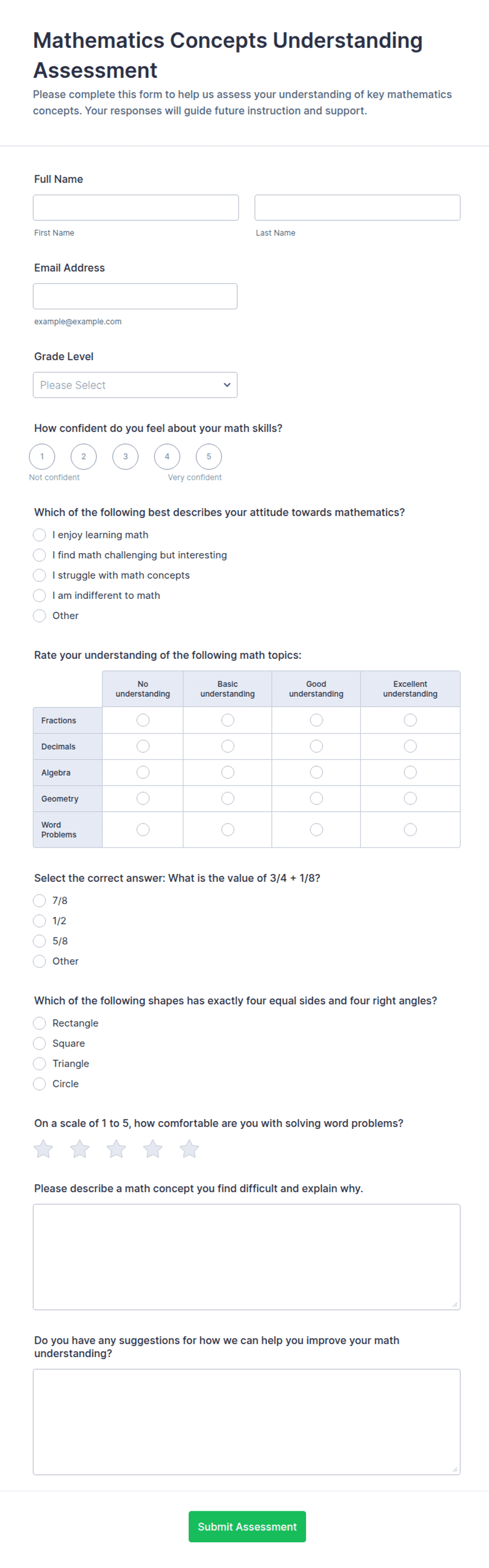 Mathematics Concepts Understanding Assessment Form Template | Jotform