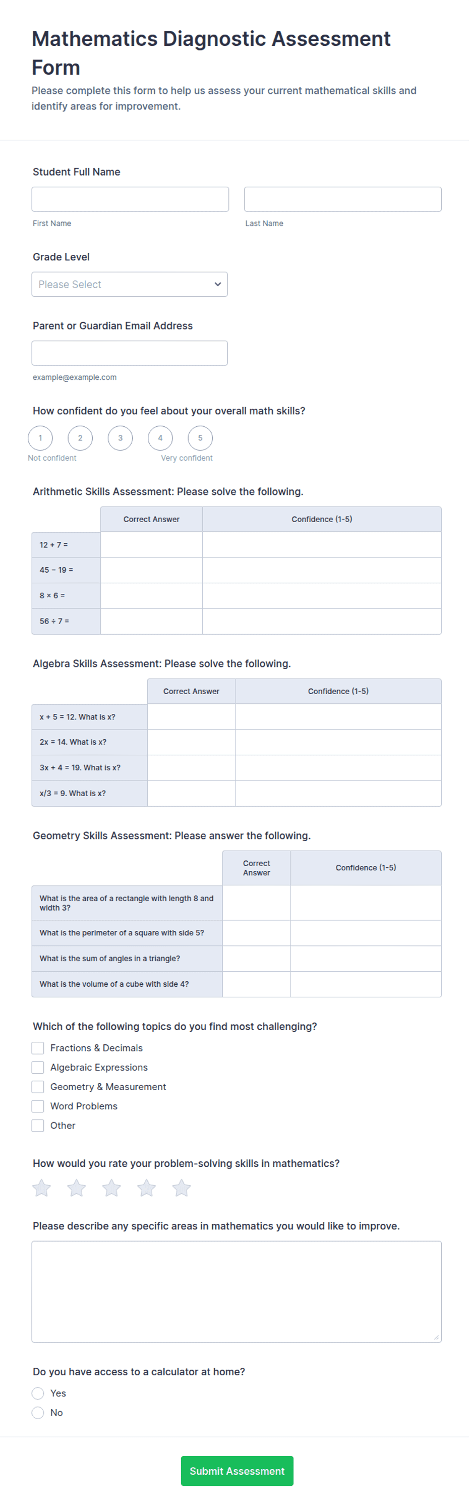 Mathematics Diagnostic Assessment Form Template | Jotform