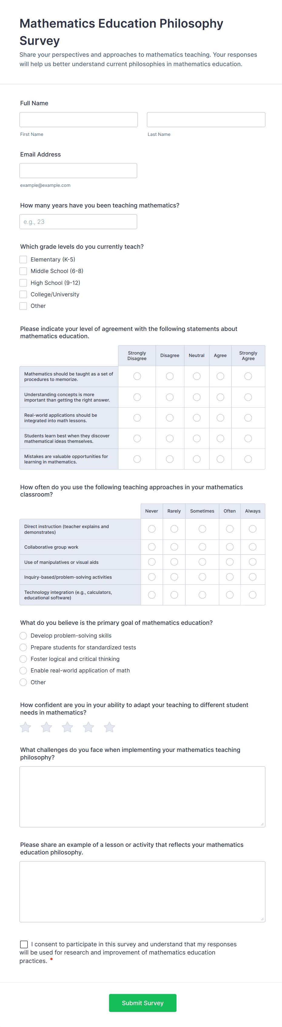 Mathematics Education Philosophy Survey Form Template | Jotform