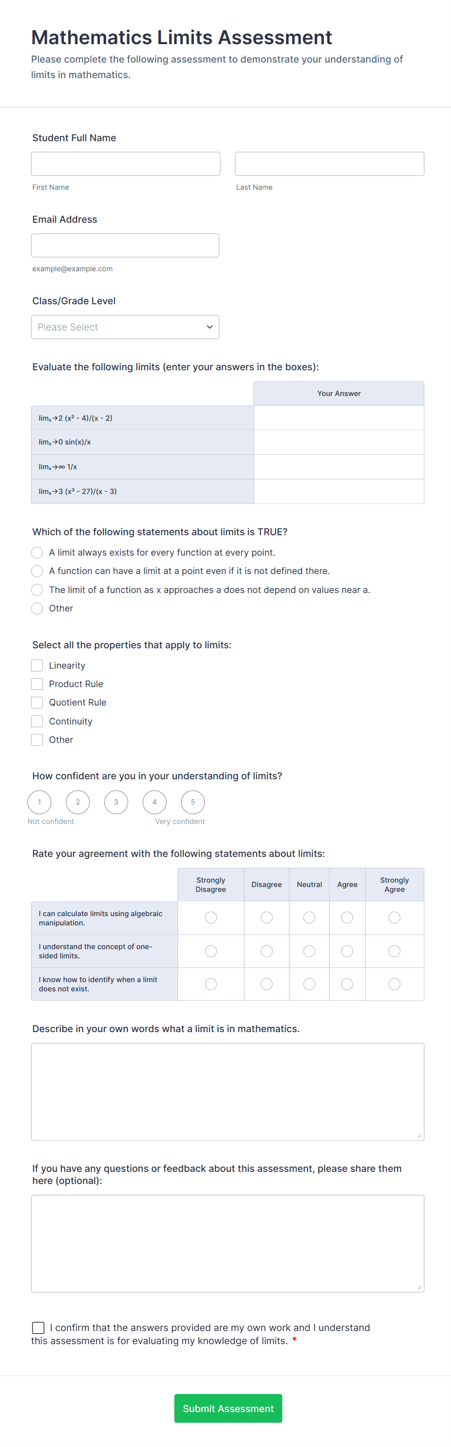 Mathematics Limits Assessment Form Template | Jotform