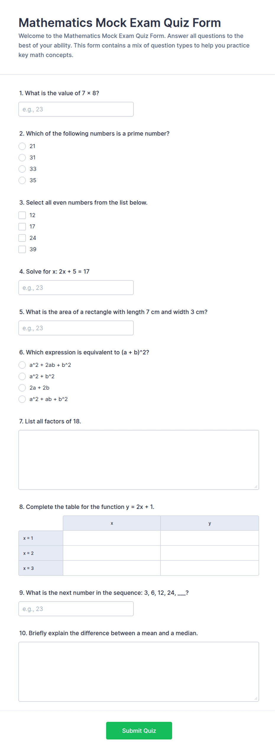 Mathematics Mock Exam Quiz Form Template | Jotform