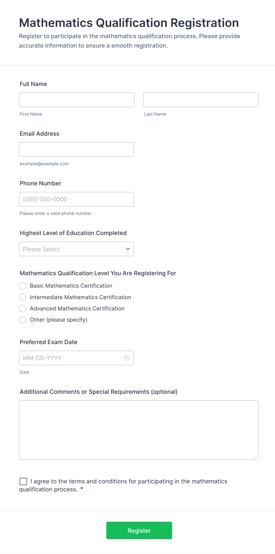 Mathematics Qualification Registration Form Template | Jotform