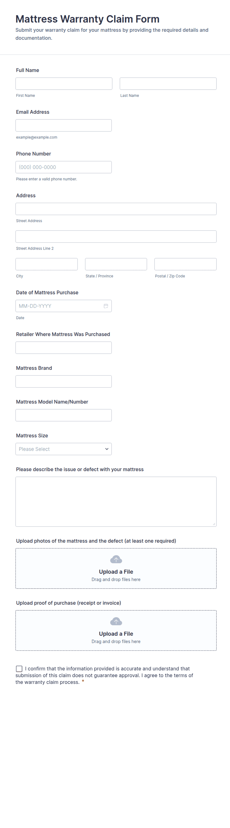 Mattress Warranty Claim Form Template | Jotform