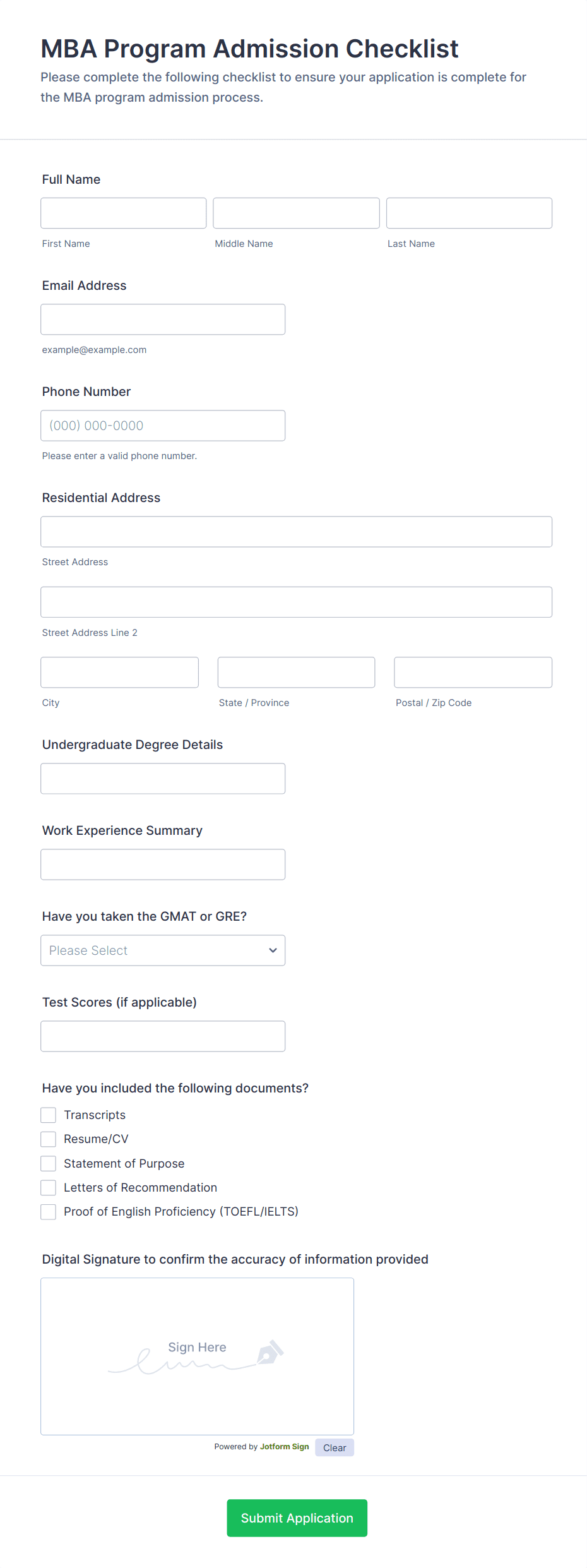 MBA Program Admission Checklist Form Template | Jotform