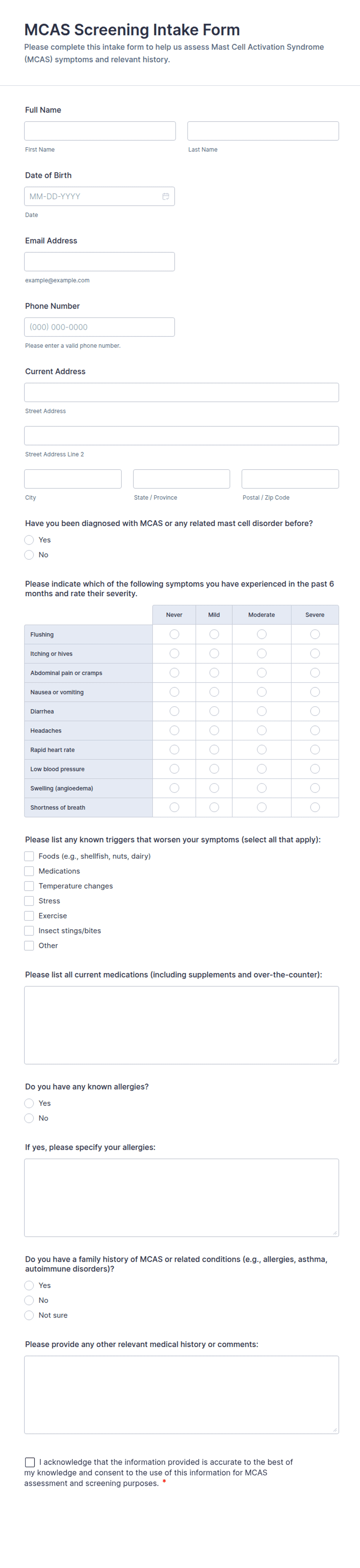MCAS Screening Intake Form Template | Jotform