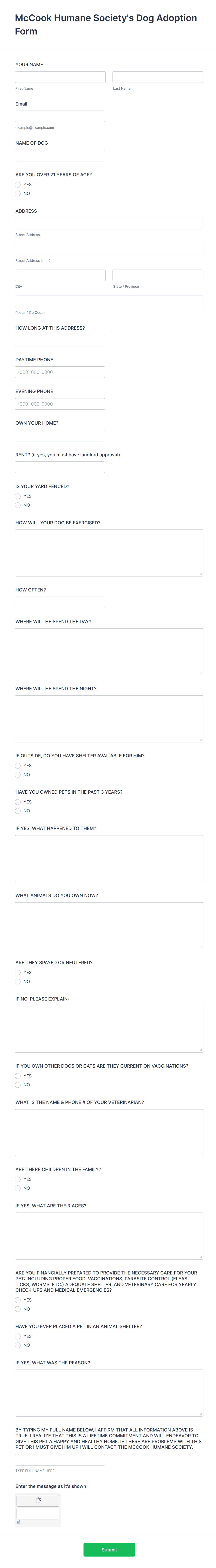 McCook Humane Society's Dog Adoption Form Template | Jotform