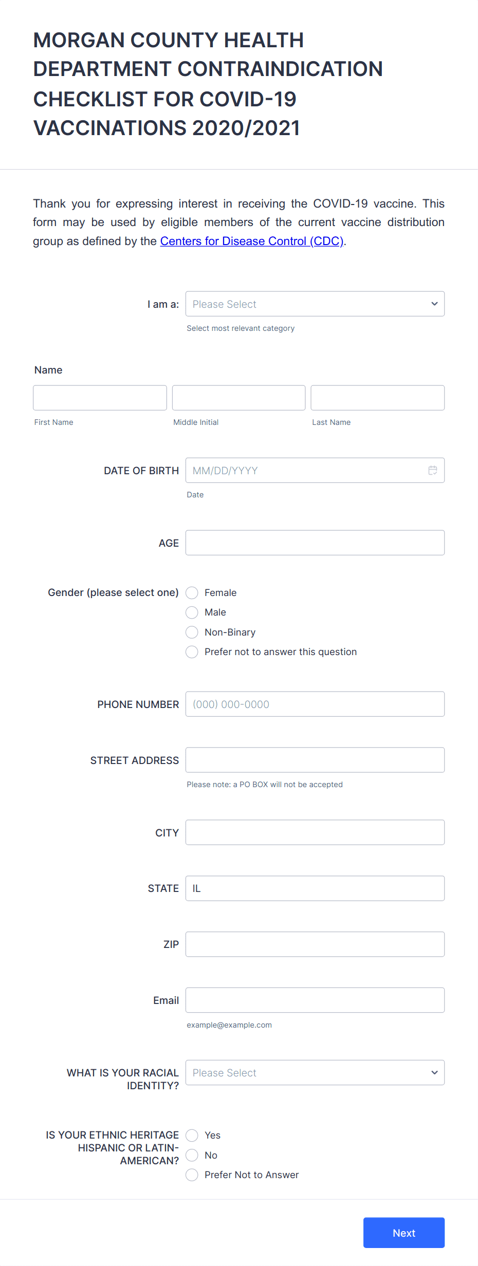 MCHD COVID-19 Vaccine PRE-REGISTRATION Form Template | Jotform