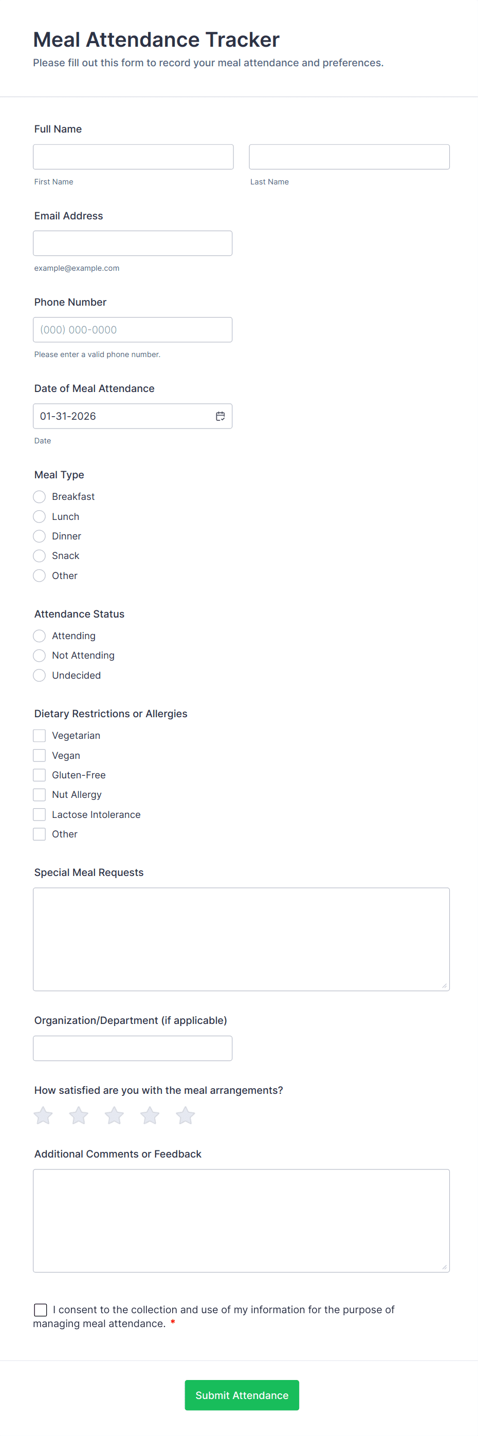 Meal Attendance Tracker Form Template | Jotform