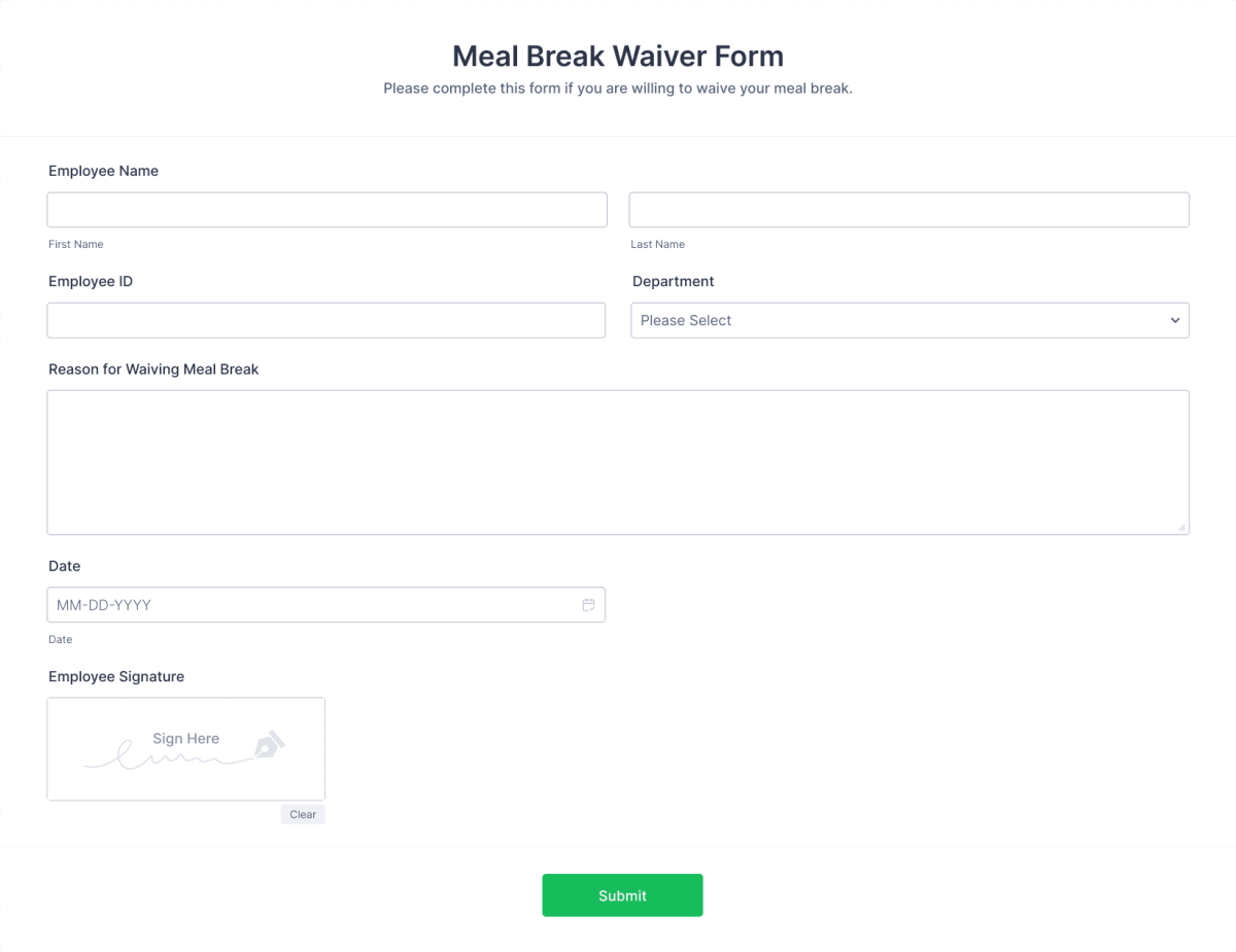 Meal Break Waiver Form Template | Jotform
