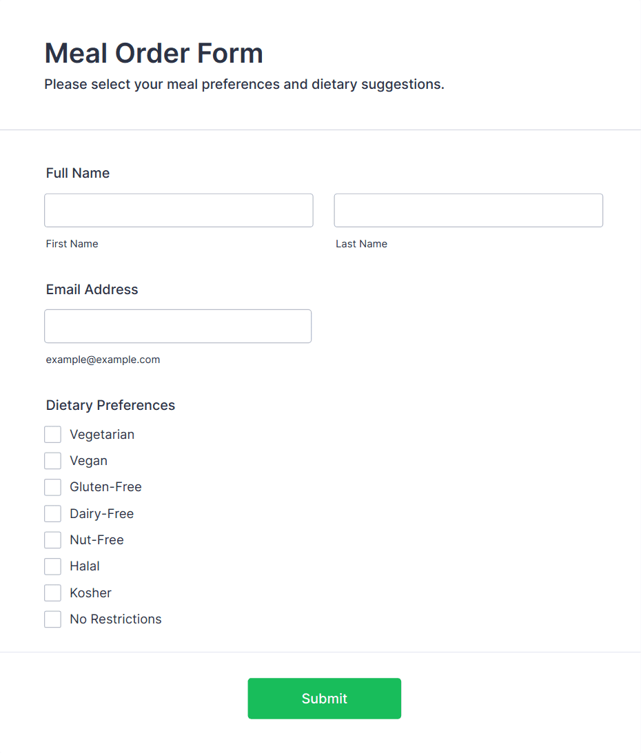 Meal Order Form with Dietary Suggestions Form Template | Jotform
