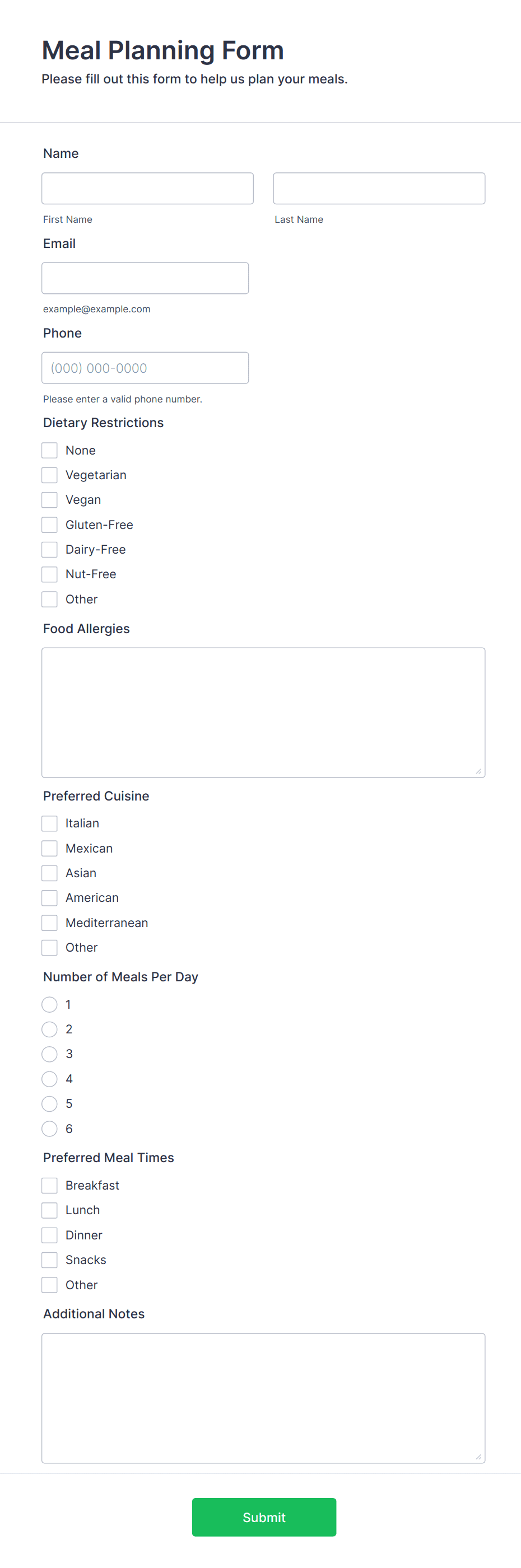 Meal Planning Form Template | Jotform